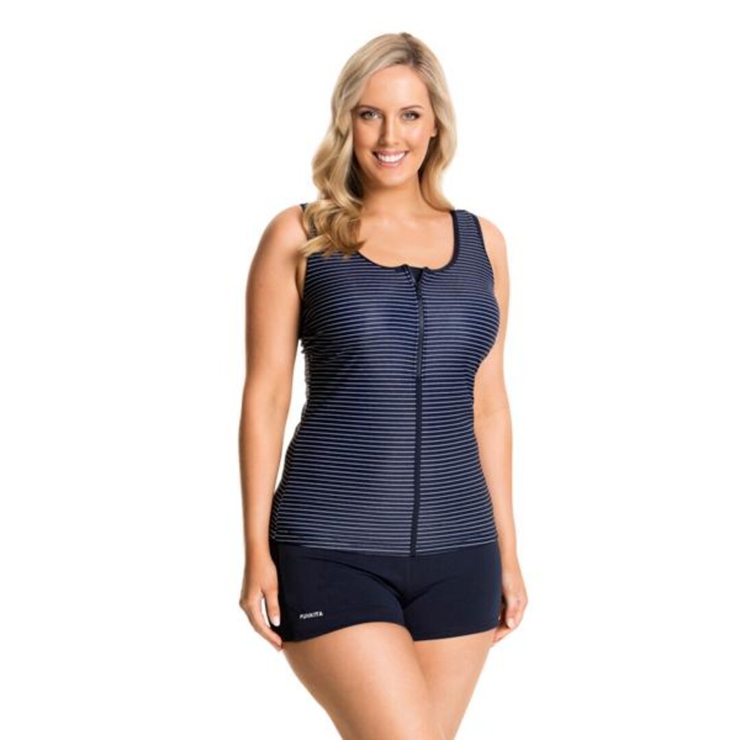 Funkita Form Zip Front Swim Tankini Top White Stripes | Ladies Swimwear